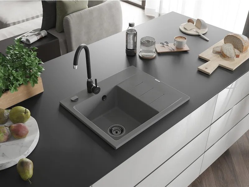 Mexen Ben, 1-komorový granitový dřez 600x500x190 mm, levý + černý sifon, šedá, 6522605000-71-B