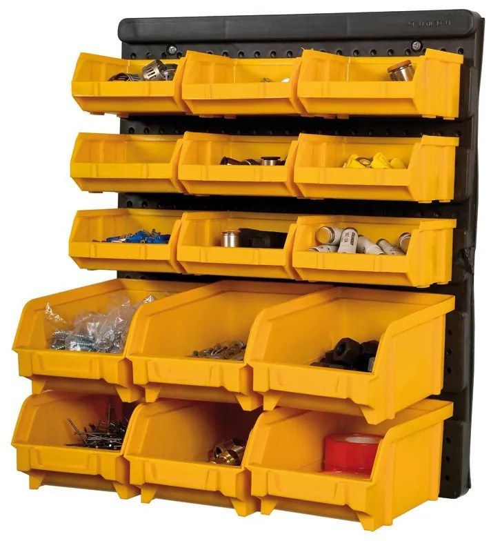 Černá plastová stěna na nářadí s boxy, 15 boxů