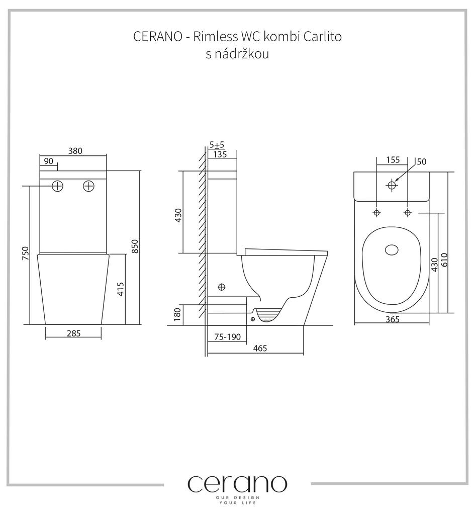 CERANO - WC kombi Carlito, Rimless + UF sedátko - spodní/zadní odpad - bílá lesklá - 36,5x61 cm