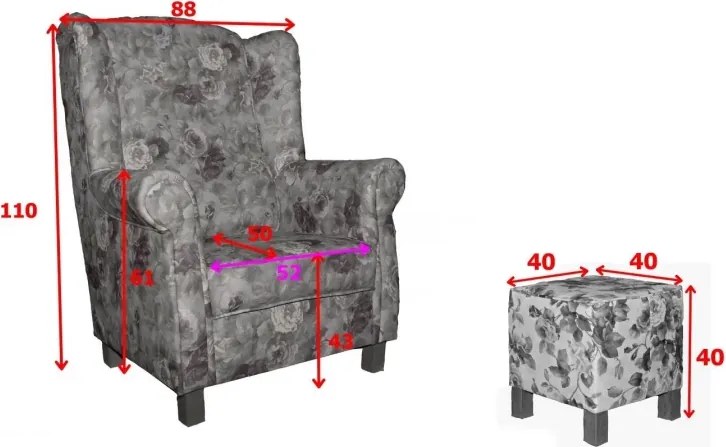 Křeslo ušák AS s taburetem - vzor Růže, vzor růže modrá / wenge (3995/102)