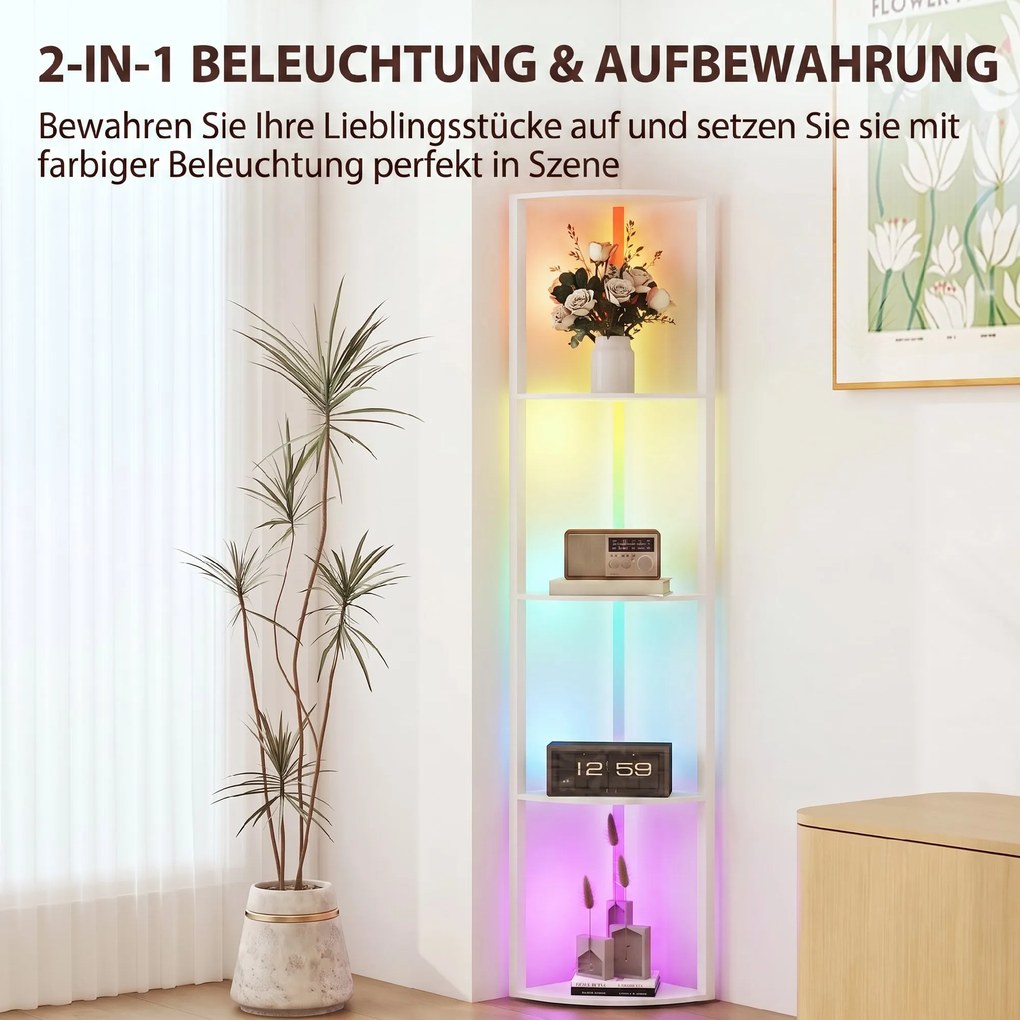 HOMCOM LED stojací lampa, 5stupňově stmívatelná lampa s policí, RGB měnění barev, dálkové ovládání B31-552V90WT