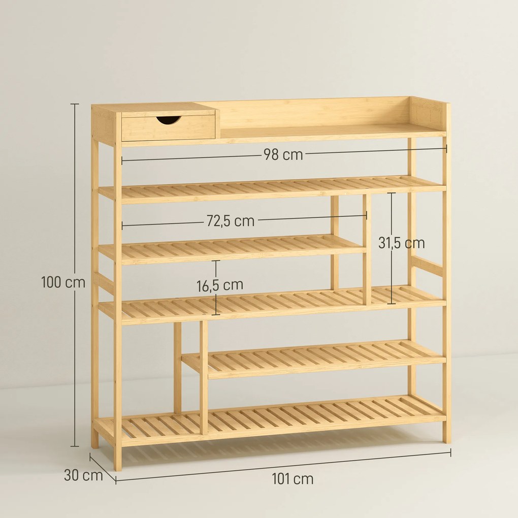 HOMCOM Botník, stojan na boty se 6 úrovněmi, bambusová zásuvka, pro max. 18 párů bot, botník do předsíně, ložnice, 101 x 30 x 100 cm, přírodní