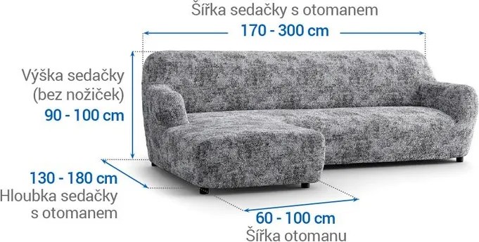 Bielastické potahy MARMO šedé sedačka s otomanem vlevo (š. 170 - 300 cm)