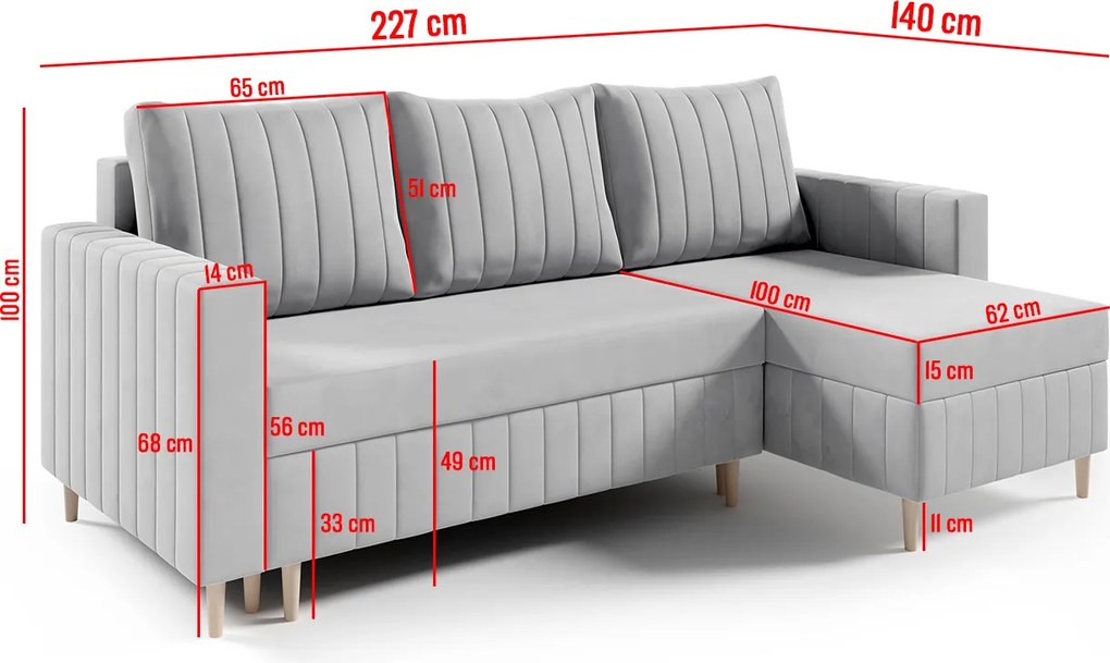 Rohová rozkládací sedací souprava do L TAMPA, 227 cm, s úložným prostorem Roh pohovky: Pravý roh, Barva látky: Světle šedá (Monolith 84)