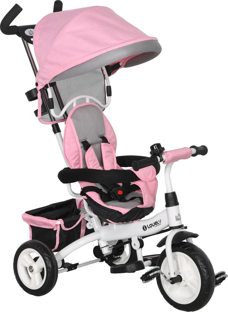 6-in-1 Kinderdreirad mit Schiebestange, Dach, Gurt, Ablagekorb, für 1-5 Jahre, Rosa