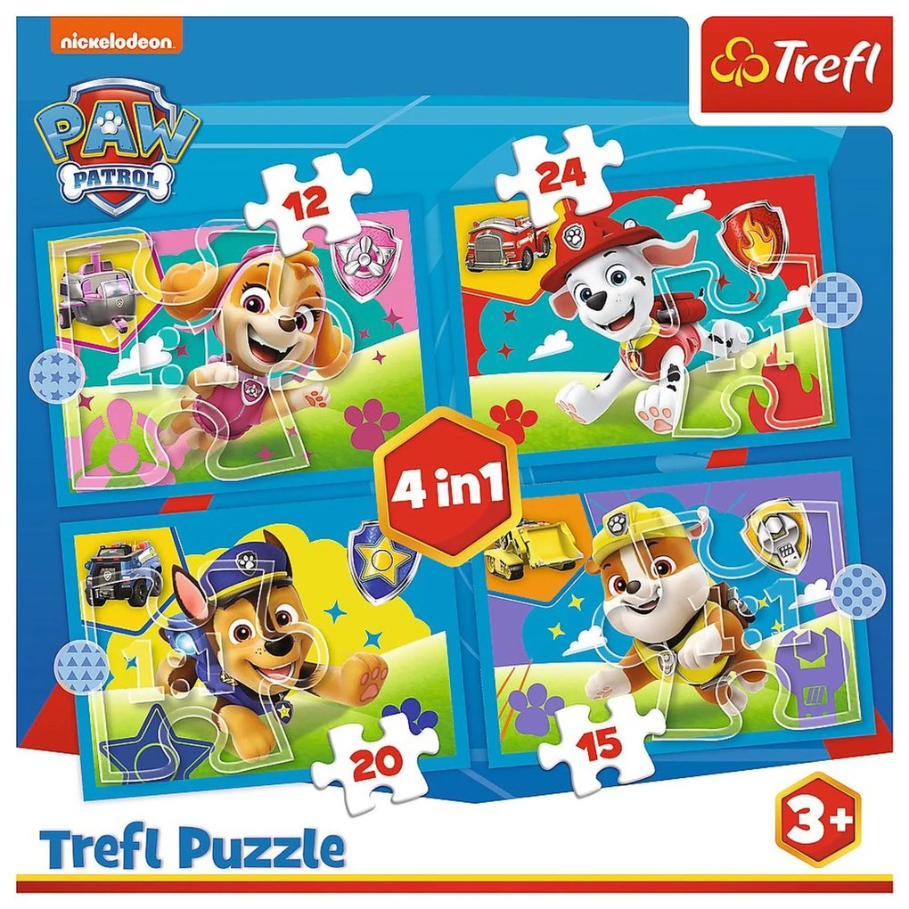Trefl Puzzle 4v1 Štěňata v běhu Tlapková patrola/Paw Patrol 28,5x20,5cm v krabici 28x28x6cm
