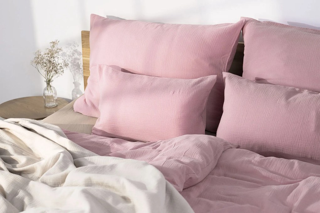 Celoroční mušelínové francouzské povlečení Soft Pink - GOTS Velikost: 220 x 200 + 2 x 70 x 90