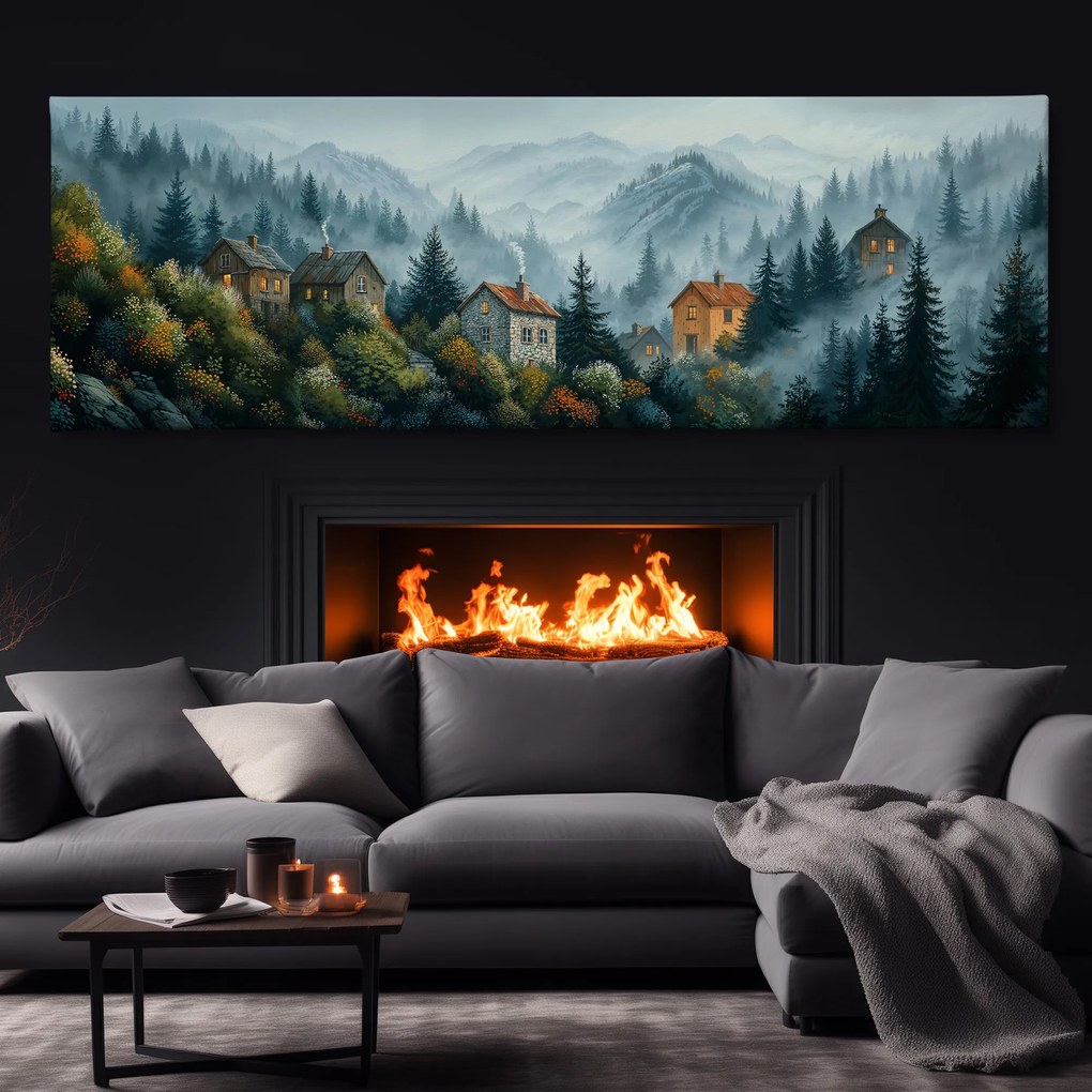 Obraz na plátně - Koutná pod Mlhovcem, vesnice, kopce, lesy FeelHappy.cz Velikost obrazu (šířka x výška): 270 x 90 cm