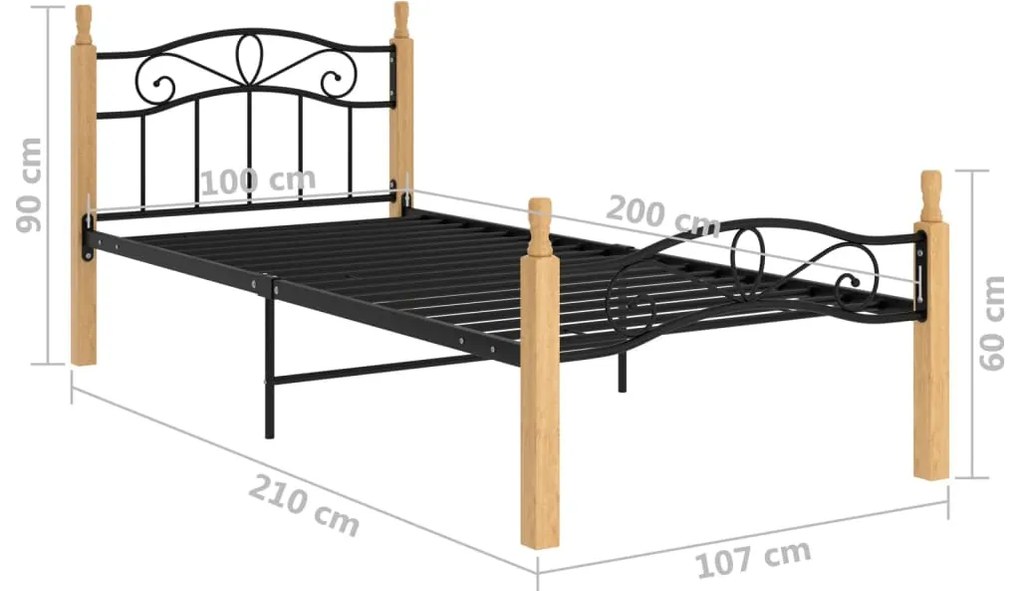 vidaXL Marketos Rám postele černý kov a masivní dubové dřevo 100 x 200 cm
