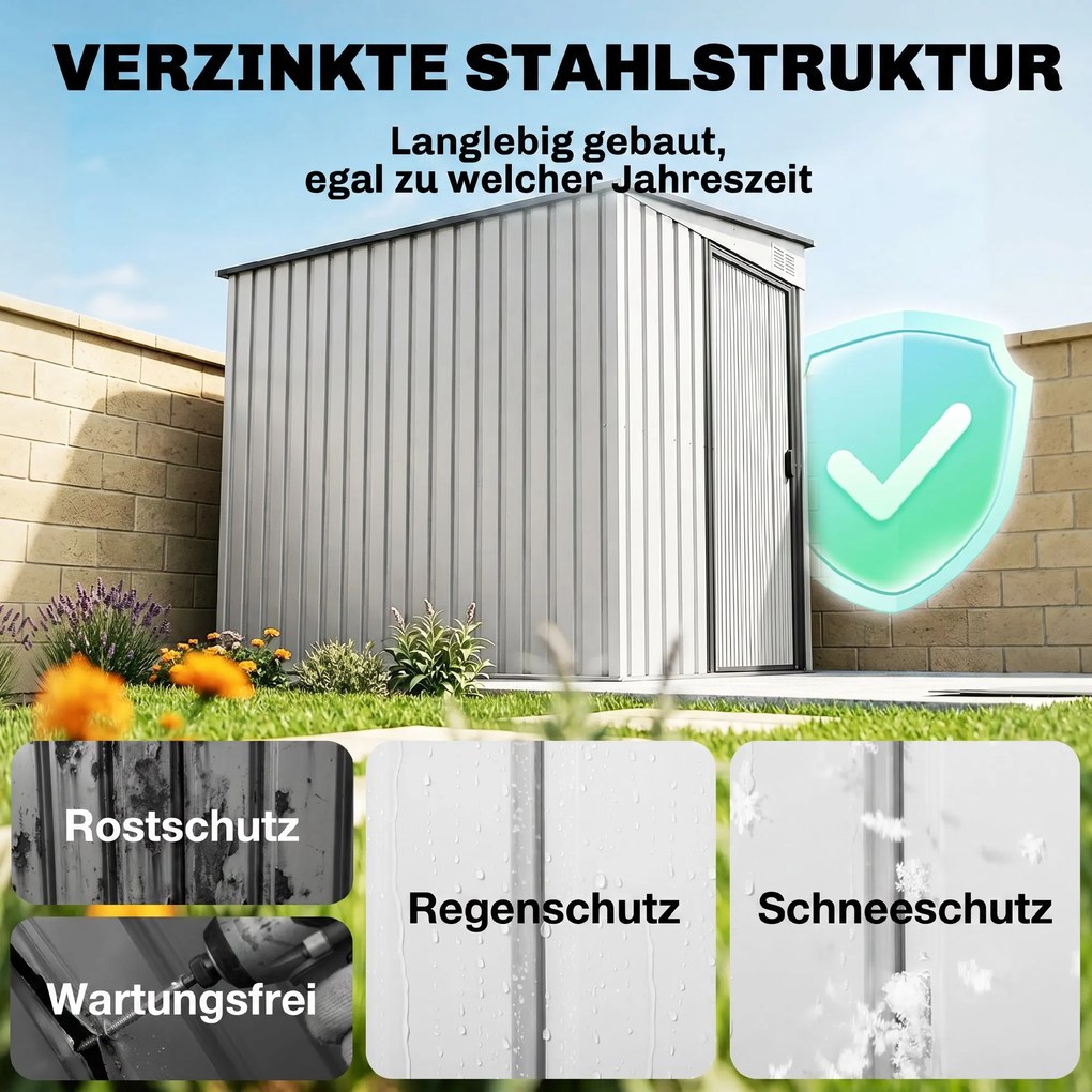 Zahradní kůlna Outsunny ze železa 1,5x2m se základem, se skládacími dveřmi, šikmou střechou, policemi, háčky a větracími otvory, bílá