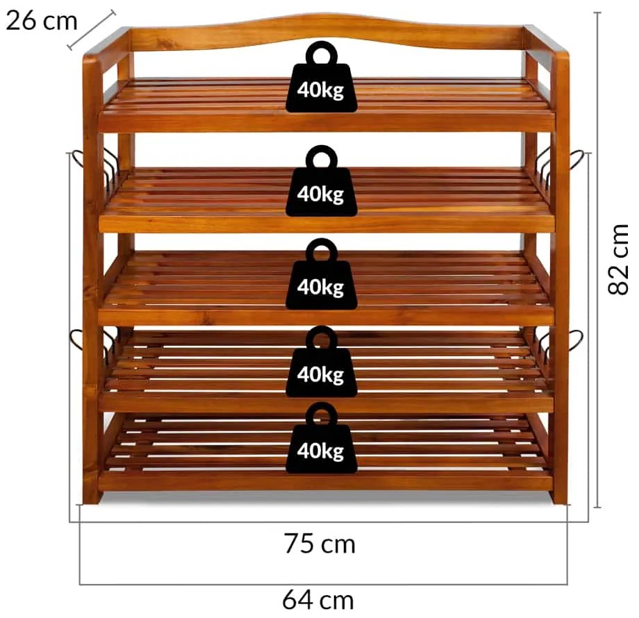 Regál na boty RUSTIC, 5polic, 75x26x82cm, přírodní hnědá Casaria