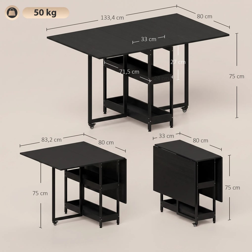 HOMCOM Skládací jídelní stůl v průmyslovém designu, pro až 4 osoby, otevřené police, flexibilní, kov, dřevotříska, černá