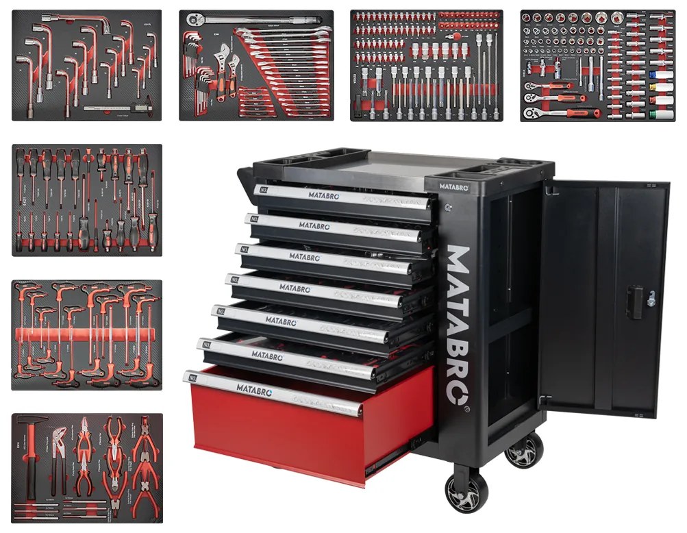 Dílenský vozík s nářadím | 7 zásuvek | 299 ks Matabro MB-TC04