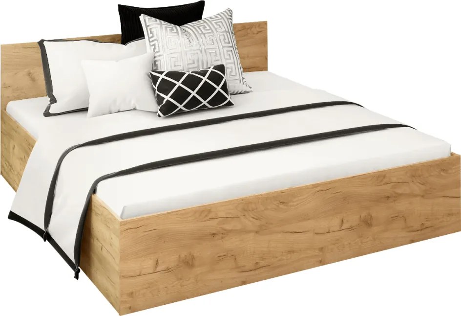 Postel s kovovým roštem a úložným prostorem, 180x200, dub craft zlatý, DOLI
