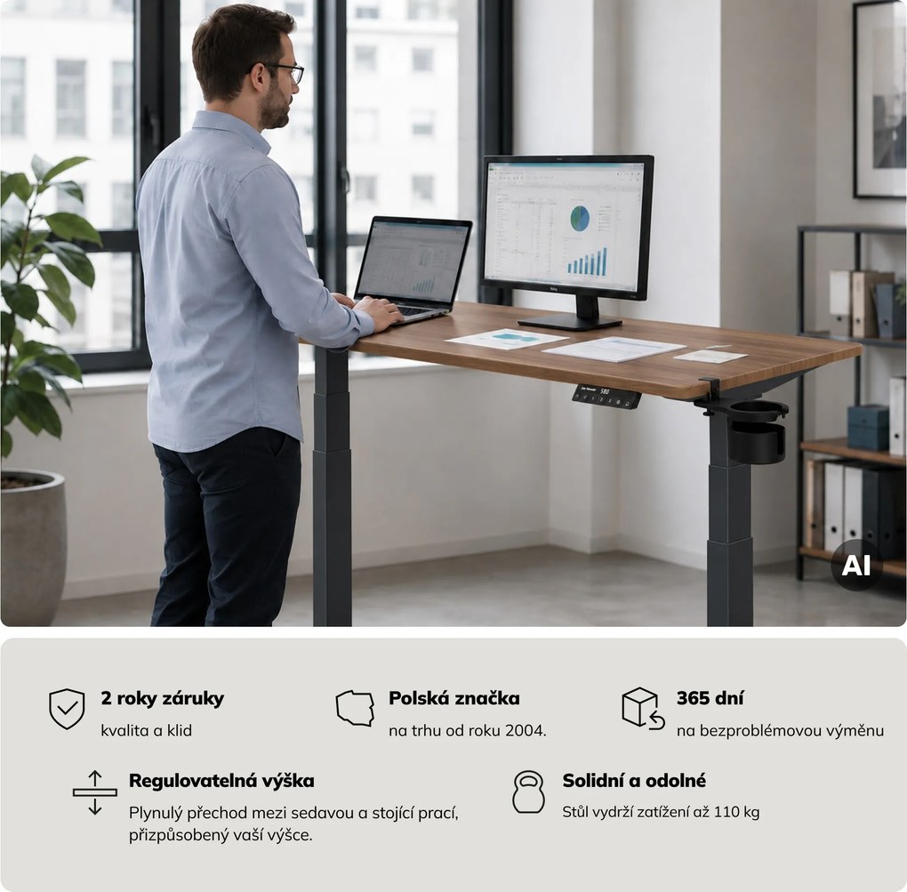 Elektrický stůl s regulací výšky ergonomický antracitový/ořech,1400x700 mm: ARIA
