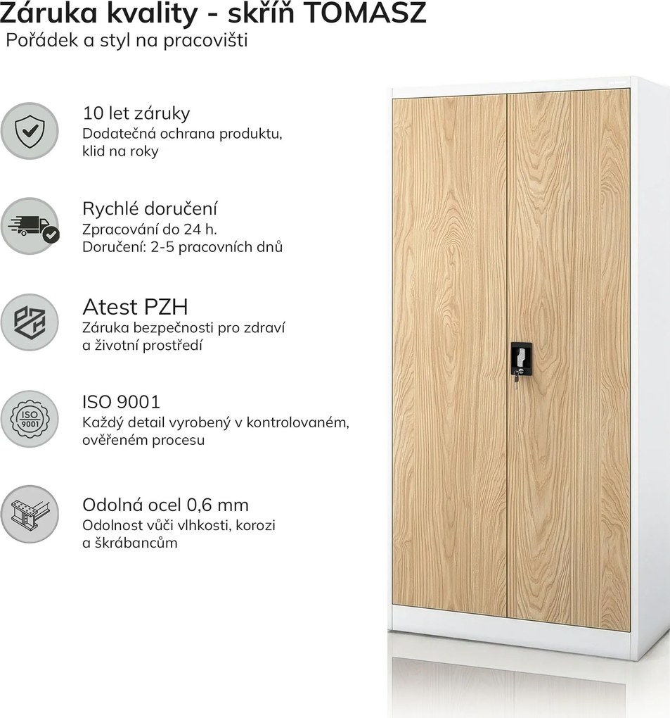 Kovová skříň s přihrádkou bílá / dub sonoma: Eco Design TOMASZ, 900 x 1850 x 450 mm