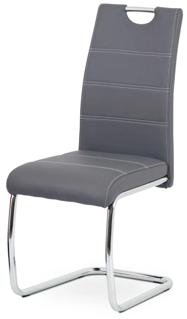 Jídelní židle, potah šedá ekokůže, bílé prošití, kovová pohupová podnož, chrom