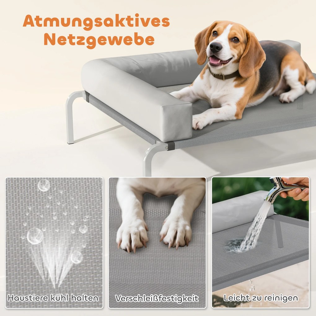 Venkovní lehátko pro psy, vyvýšený pelíšek pro středně velké psy, s polštářem ve tvaru L, 110x75x30 cm, světle šedá barva