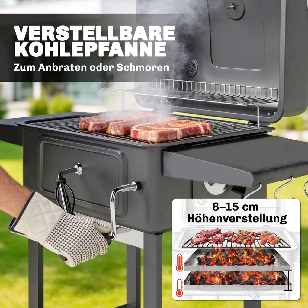 Outsunny Gril na dřevěné uhlí BBQ udírna s víkem Teploměr výškově nastavitelná pánev na dřevěné uhlí Komín Grilovací rošt Boční stolek Popelník