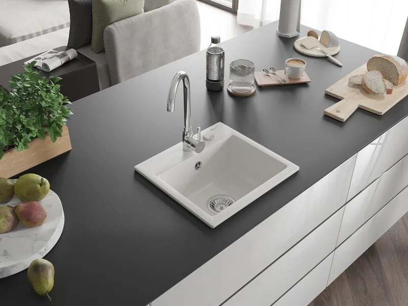 Mexen Milo granitový dřez 1-komorový 435 x 410 mm, bílý, sifon chrom - 6505441000-20