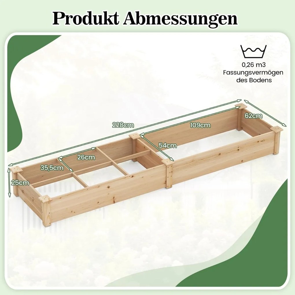 Costway Dřevěná zahradní postel se 2 truhlíky a přepážkami – 228 × 62 × 25 cm