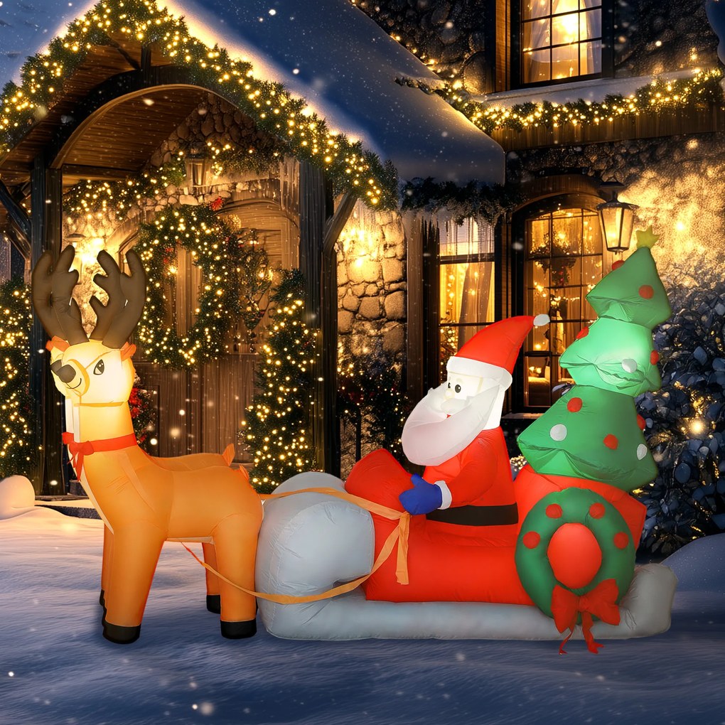 Outsunny Nafukovací vánoční dekorace, Santa Claus v sobím saních, polyesterová látka, LED světla, barevné