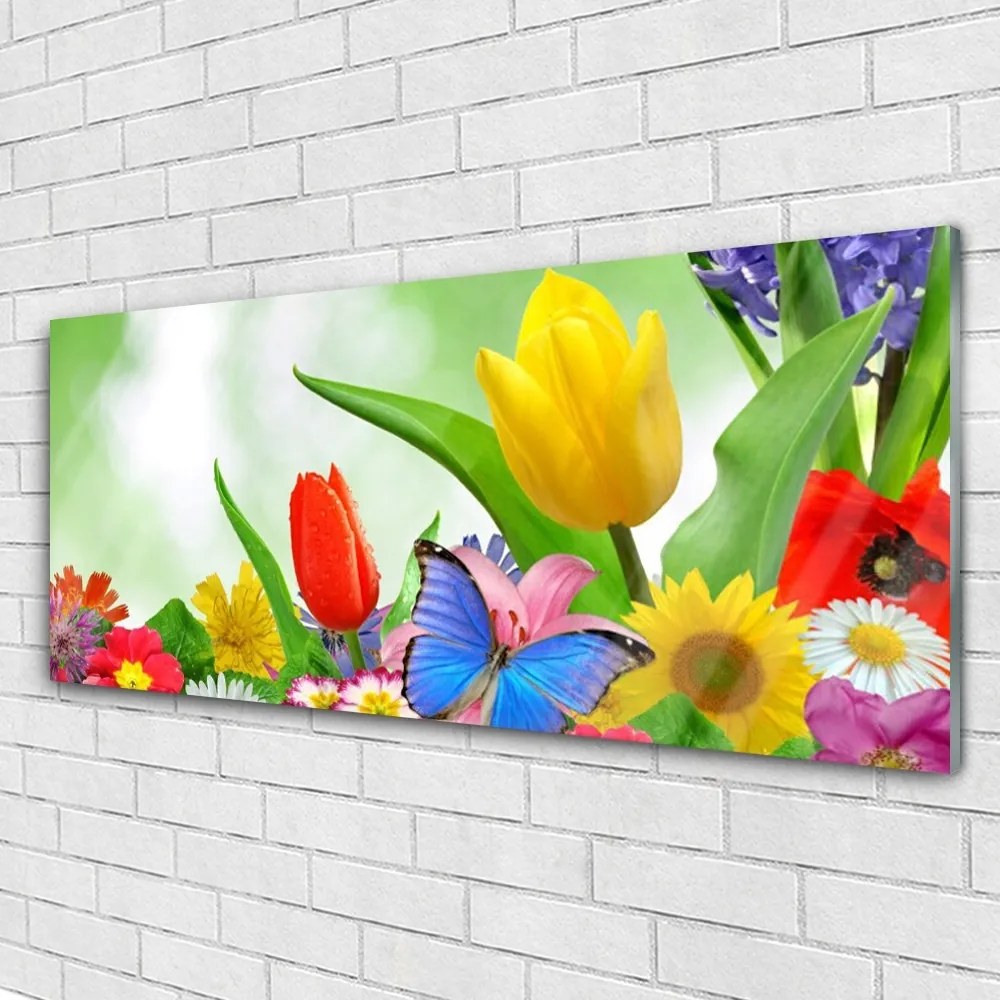 akrylový obraz Motýl Květiny Příroda 125x50 cm