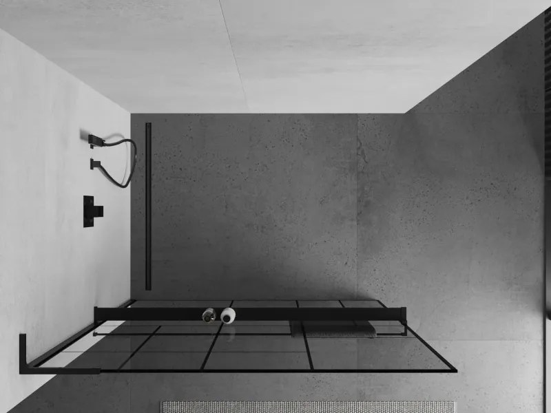 Mexen Kioto+ L, sprchová zástěna Walk-In s poličkou a věšákem 110 x 200 cm, 8mm čiré sklo černý vzor, černý profil, 800-110-123-70-78