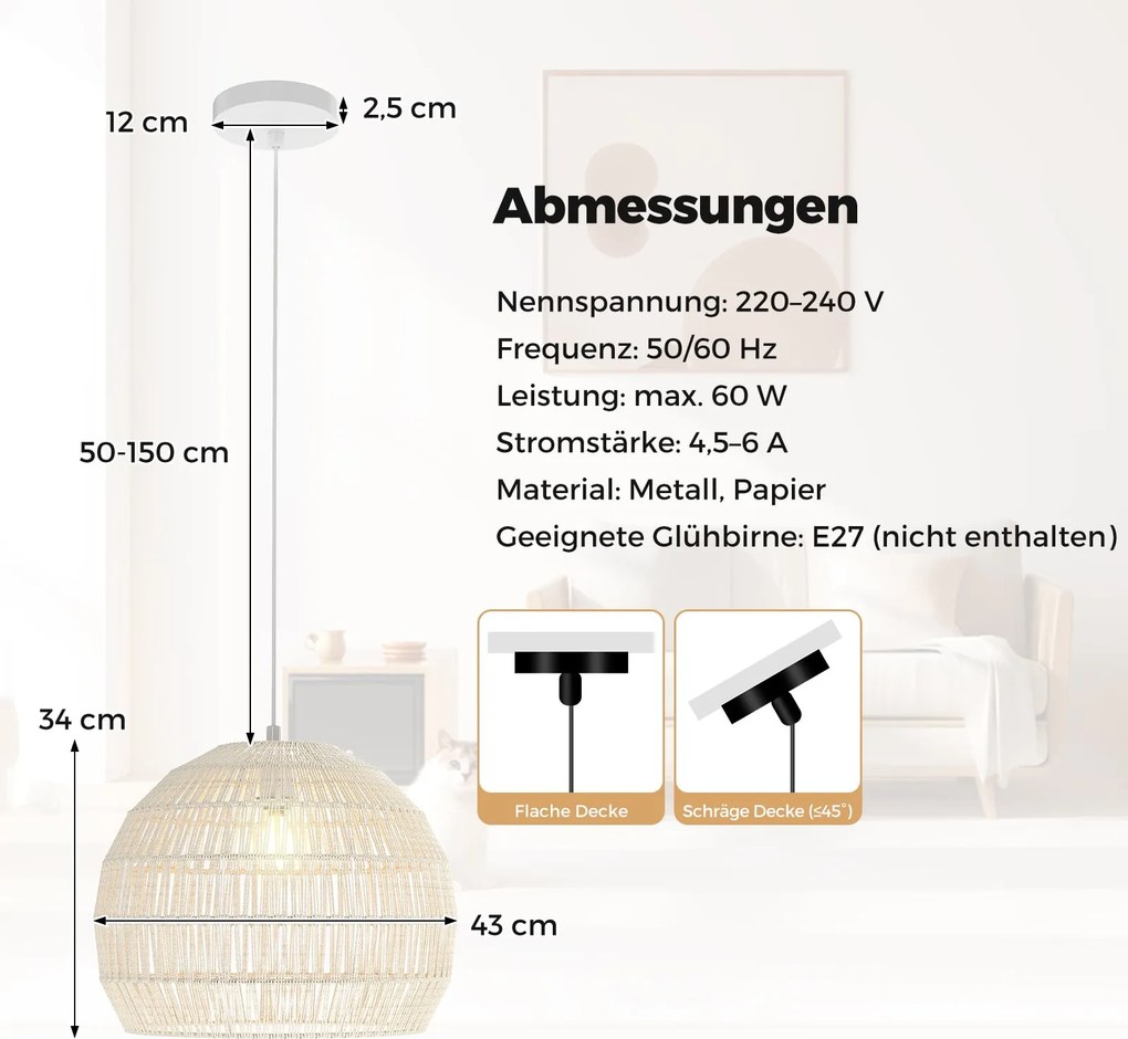 Costway Pletené závěsné svítidlo Boho stropní svítidlo s nastavitelnou výškou