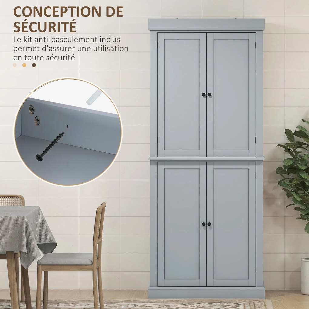 HOMCOM Kuchyňský Skříňový Buffet Skladovací Skříň Moderní Styl s Nastavitelnými Policemi pro Jídelnu a Obývací Pokoj, 76 x 40,5 x 184 cm, Šedá