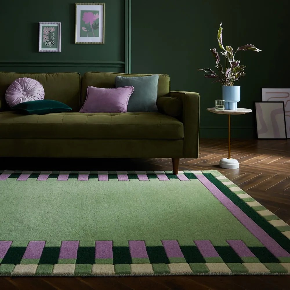 Zeleno-fialový ručně tkaný vlněný koberec 200x290 cm Kai Wool Border – Flair Rugs