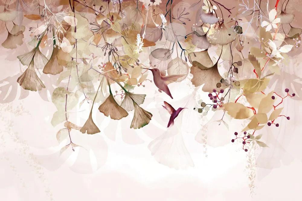 Tapeta listy s kolibříky v hnědo-růžovém