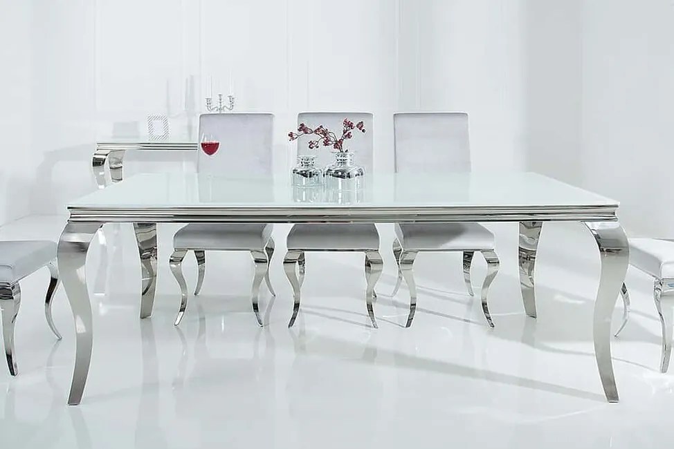 Skleněný jídelní stůl Barock White bílá stříbrná 200cm