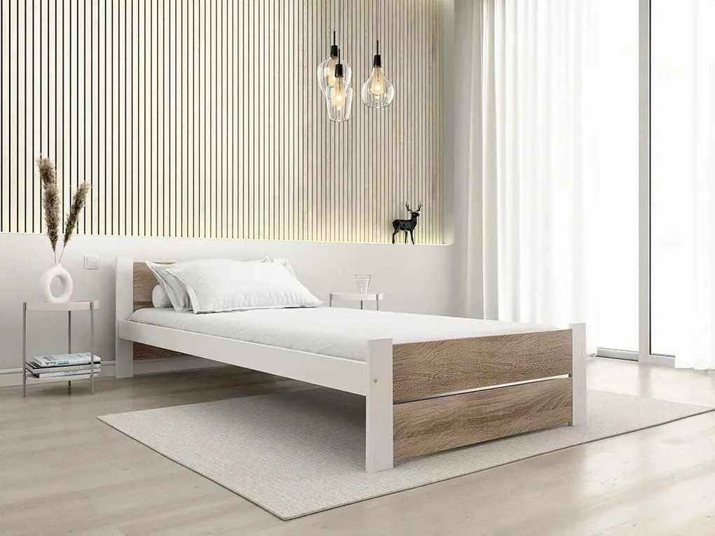 Postel IKAROS DOUBLE 80 x 200 cm, bílá/dub sonoma Matrace: Matrace Coco Maxi 20 cm, Rošt: S laťkovým roštem