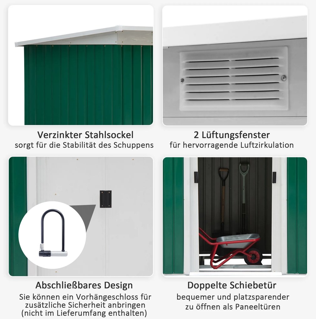 Kůlna Outsunny, zahradní kůlna, kůlna na nářadí s posuvnými dveřmi, větrací okno, jednoplášťová střecha, venkovní, ocel, tmavě zelená, 280 x 130 x 17…