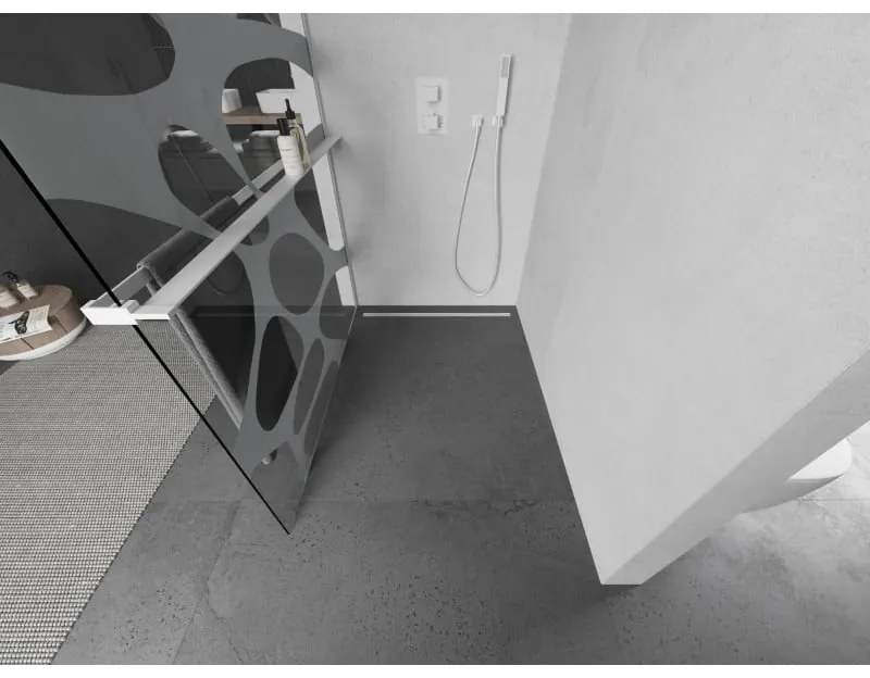 Mexen Kioto+, sprchová zástěna Walk-In s poličkou a věšákem 110 x 200 cm, 8mm čiré sklo bílý vzor, bílý profil, 800-110-121-20-97