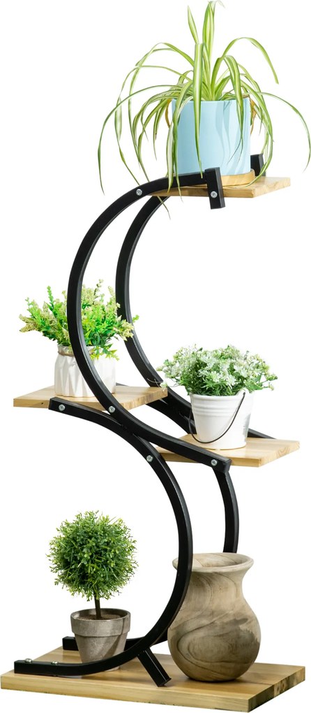 Outsunny police na rostliny S-ramena na květiny 4-úrovňový stojan na rostliny s kovovým rámem a masivním dřevem černý 46x25x91cm pro zahradu a balkon…