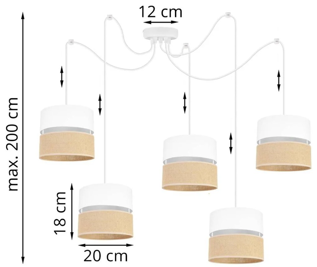 Závěsné svítidlo JUTA SPIDER, 5x jutové/bílé textilní stínítko, W