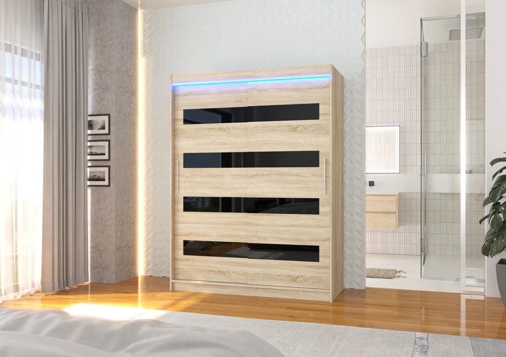 Posuvná šatní skříň s lacobely a LED osvětlením MARTINEZ 150 Sonoma bílá Lacobel 6 2 ne