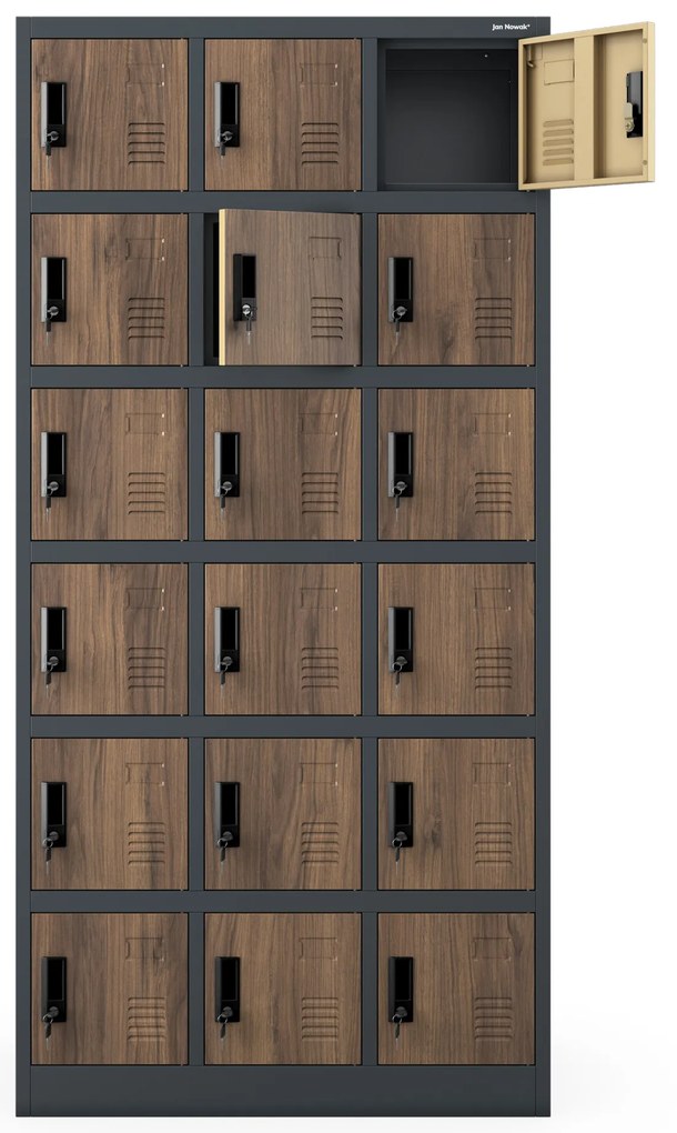 Skříňka pro zaměstnance s 18 uzamykatelnými boxy, bílá antracit/ořech, 900x1850x400 mm: KAROL Eco Design