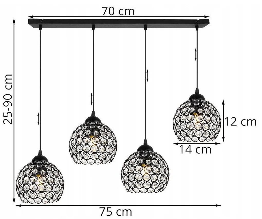 Závěsné svítidlo CRYSTAL, 4x černé křišťálové stínítko