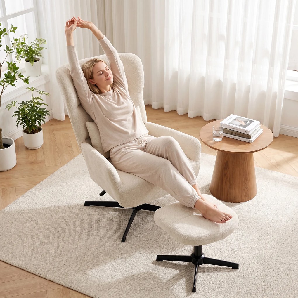 HOMCOM 360° otočné lounge křeslo s podnožkou, výškově nastavitelné, potah z chenille, s bederním polštářem, krémově bílé 83F-010V00CW