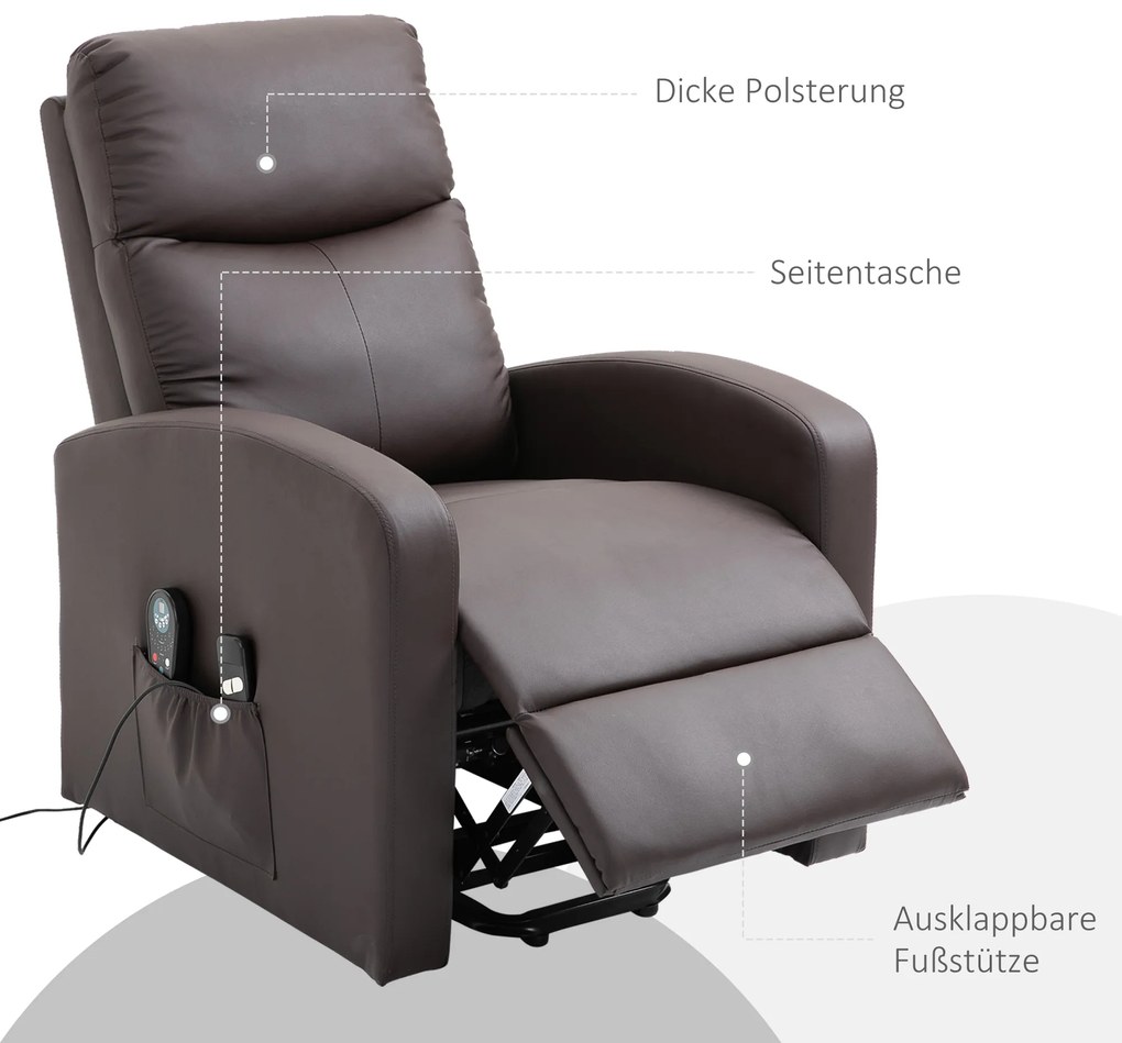 Polohovací křeslo HOMCOM s funkcí stojanu a elektrické masáže, funkce polohování, imitace kůže, hnědá barva, pohodlné křeslo s dálkovým ovládáním | A…