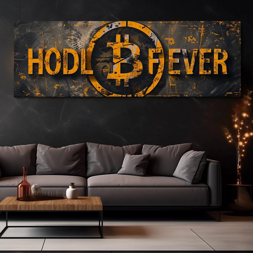 Obraz na plátně - Bitcoin, HODL Fever, grunge FeelHappy.cz Velikost obrazu: 120 x 40 cm
