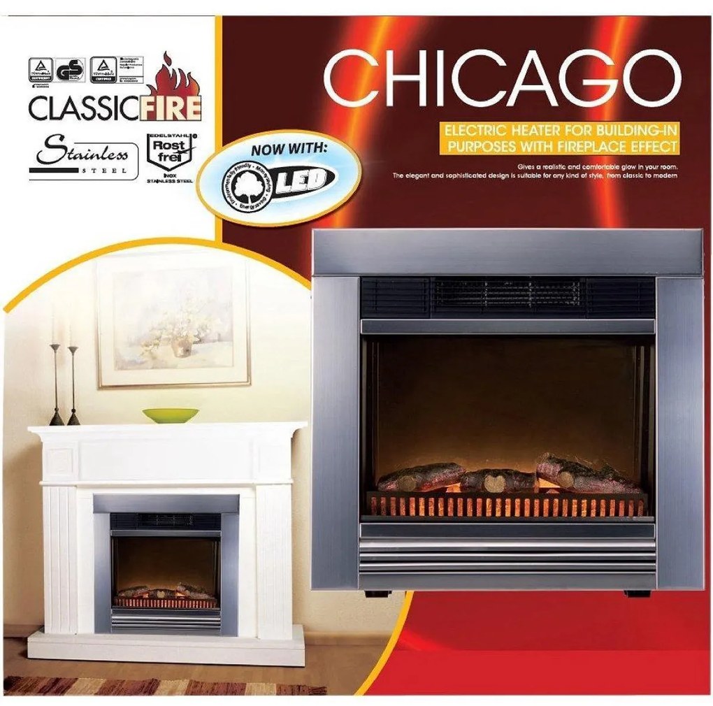 Elektrický LED vestavný krb Igotherm Chicago Classic Fire 54273 s ventilátorem / krbové topení / 900-1800 W / nerez