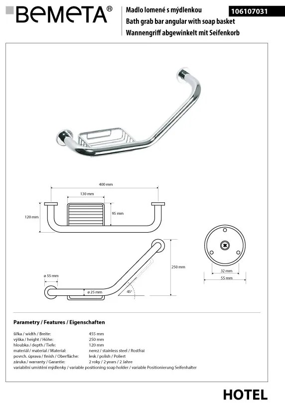 Bemeta Design Madlo, úhlové 135°, s mýdlenkou, nerez, lesk -