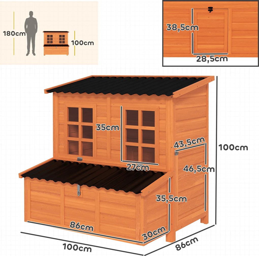 PawHut Kurník s hnízdní budkou pro 3–4 slepice, vodotěsná střecha, jedlové dřevo, plast, 100 x 86 x 100 cm, oranžový