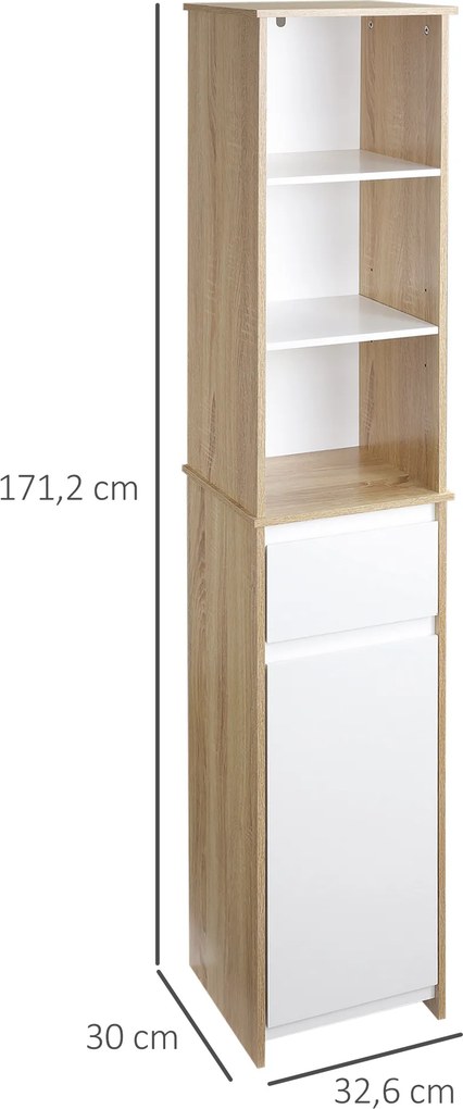 Vysoký koupelnový skříňový sloupec kleankin s 1 dveřmi, šuplíkem a 3 polici, nastavitelná police pro kuchyň a obývací pokoj 32,6x30x171,2 cm v přírod…