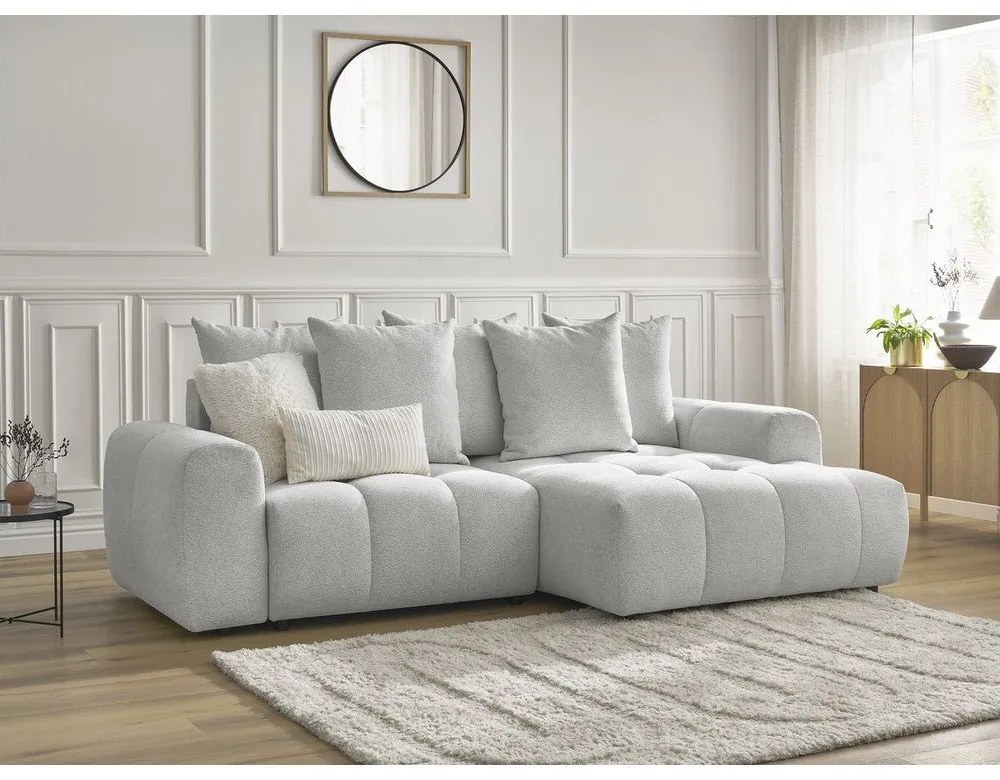 Světle šedá žinylková rozkládací/s úložným prostorem rohová pohovka (pravý roh/s lenoškou) Roxelane – Bobochic Paris