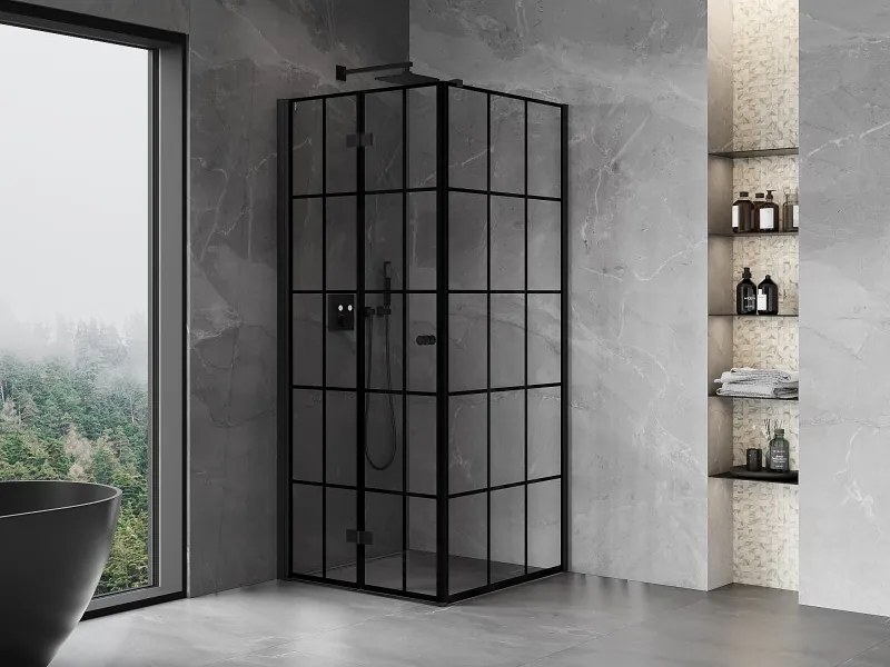 Mexen Mist-F T, 1-křídlý skládací sprchový kout levý 120 x 120 cm, čiré sklo-černá mřížka, 8A6T-120-120-70-77-L